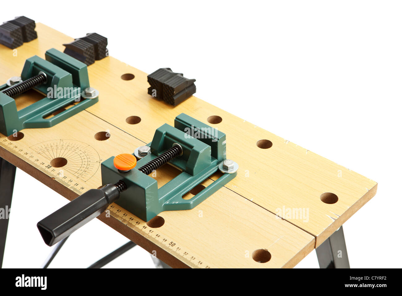 Work bench with clamp isolated on white background Stock Photo - Alamy