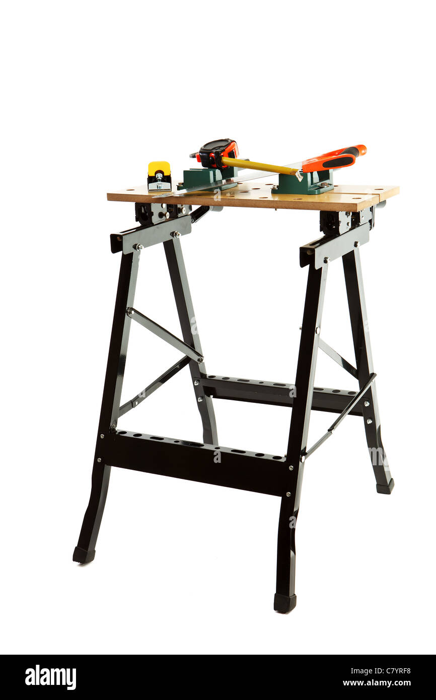 Work bench with clamp isolated on white background Stock Photo - Alamy