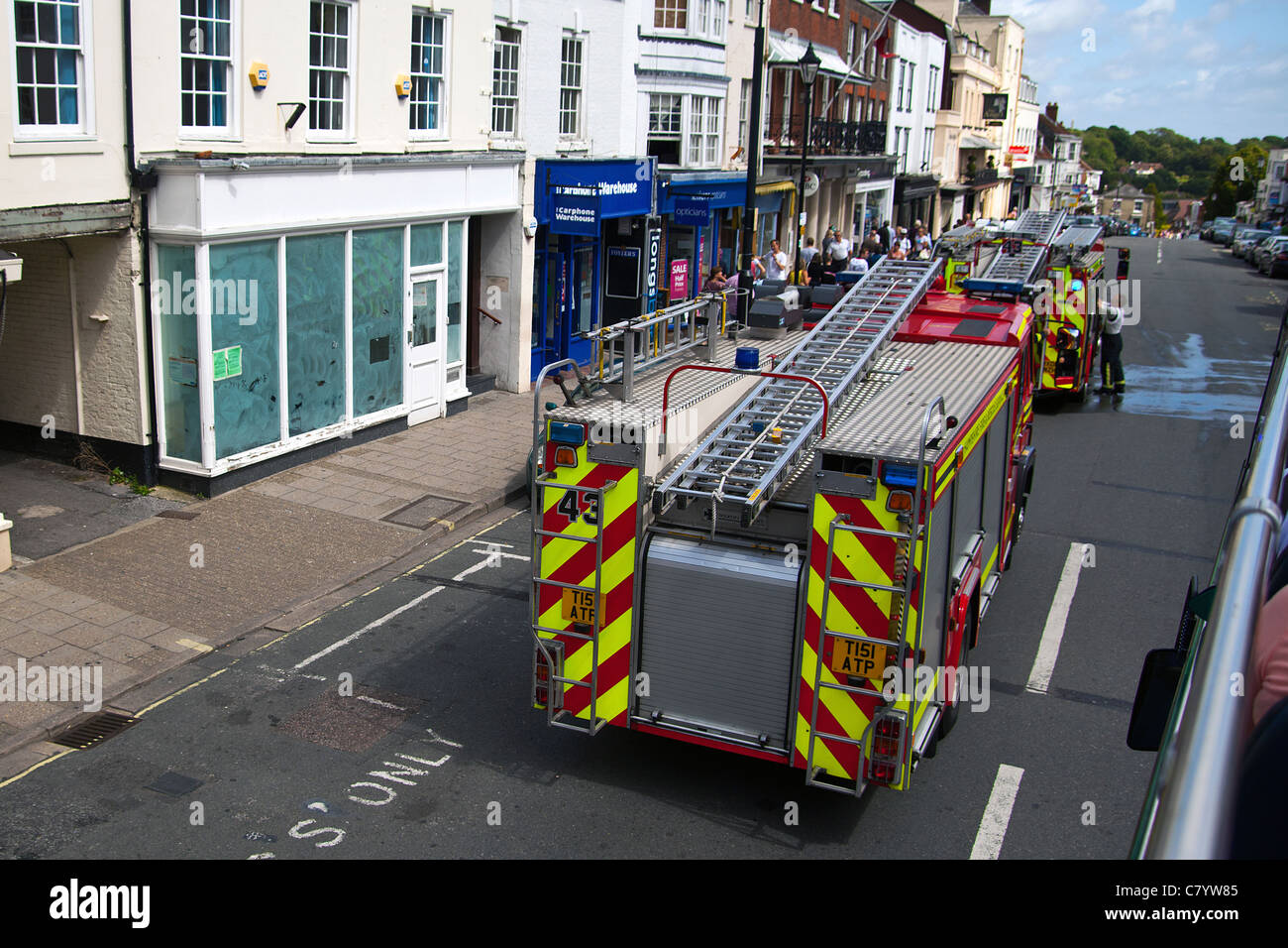 Two fire engines attending incident in Lymington. Taken from open top ...