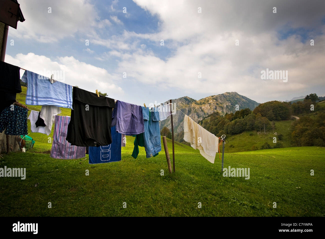 Clothes hanging, Locatelli dairy in pasture, Taleggio valley, Lombardy ...