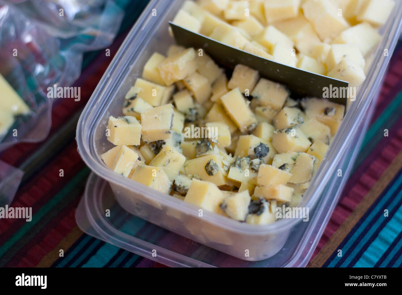 Cubes of cheese at Cheltenham Farmers Market Stock Photo - Alamy
