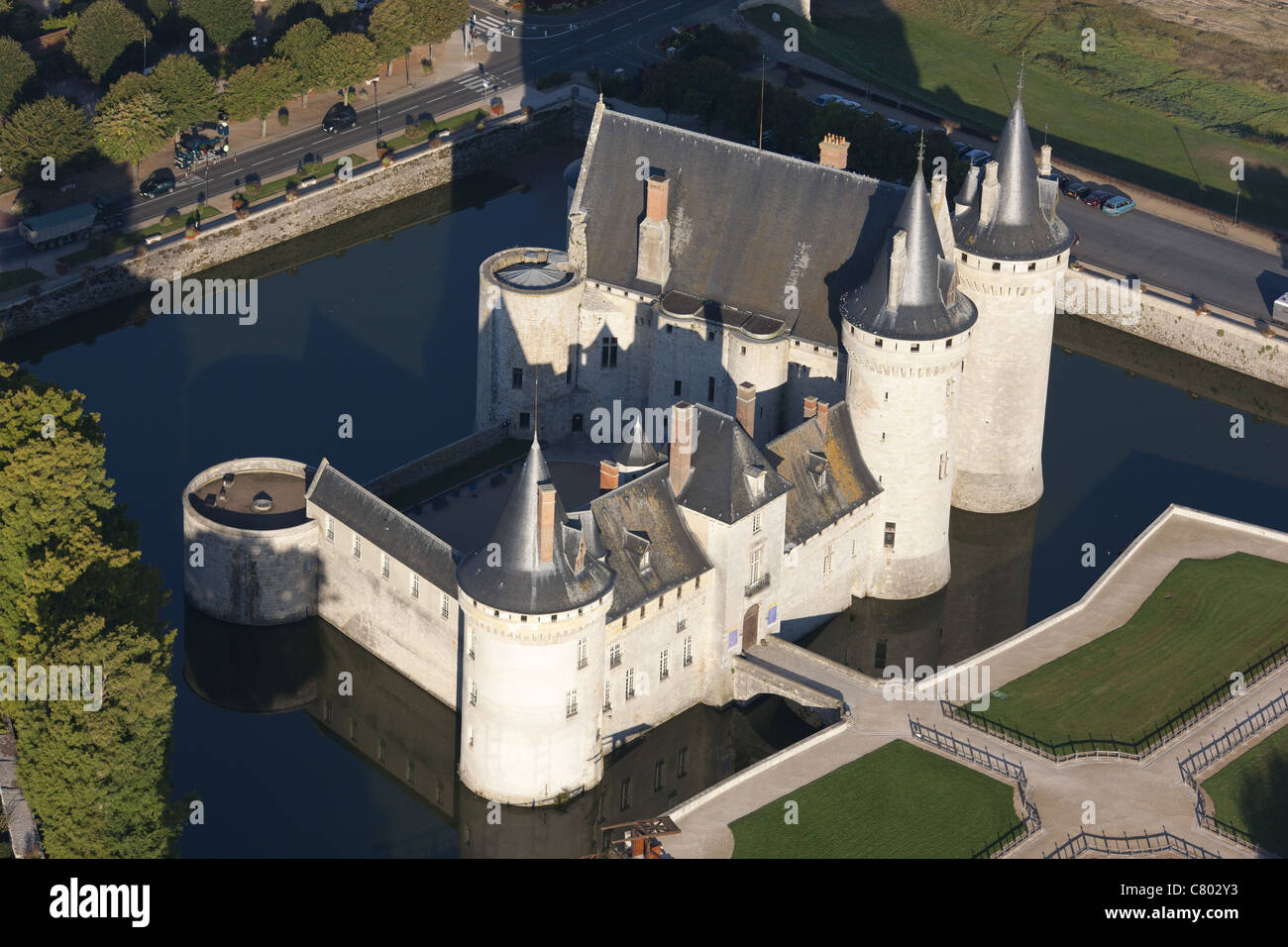 AERIAL VIEW. Sully-sur-Loire Castle on the left bank of the Loire River ...