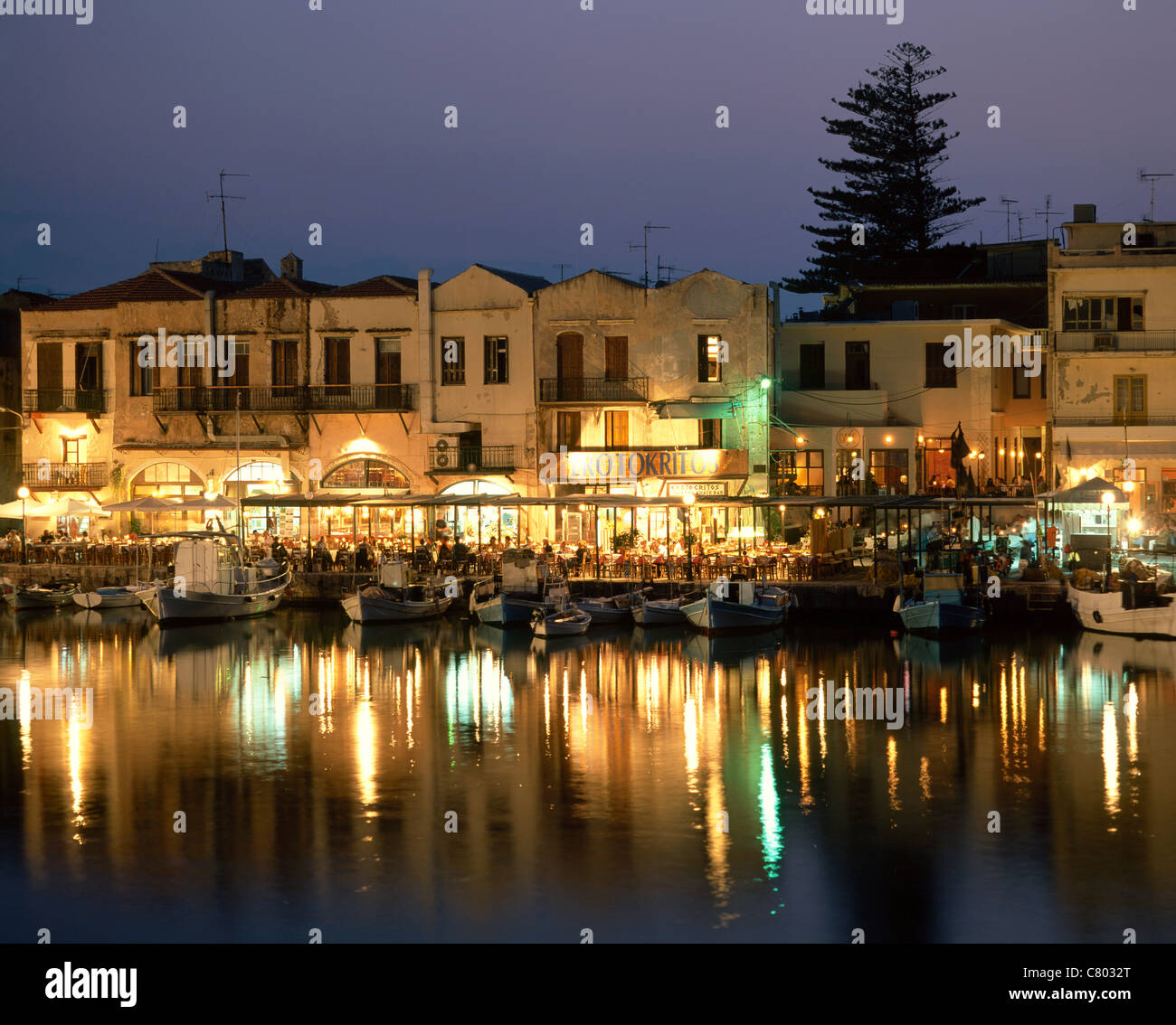 Europe, Greece, Western Crete, Rethymnon the Venetian harbour at dusk ...
