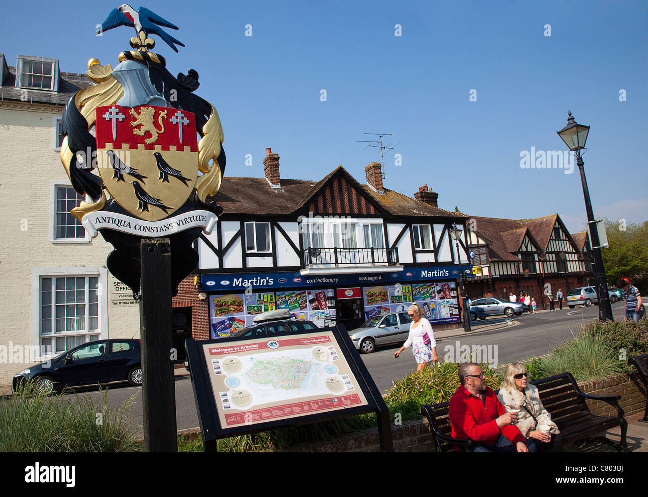 England, West Sussex, Arundel, town coat of arms and tourist ...