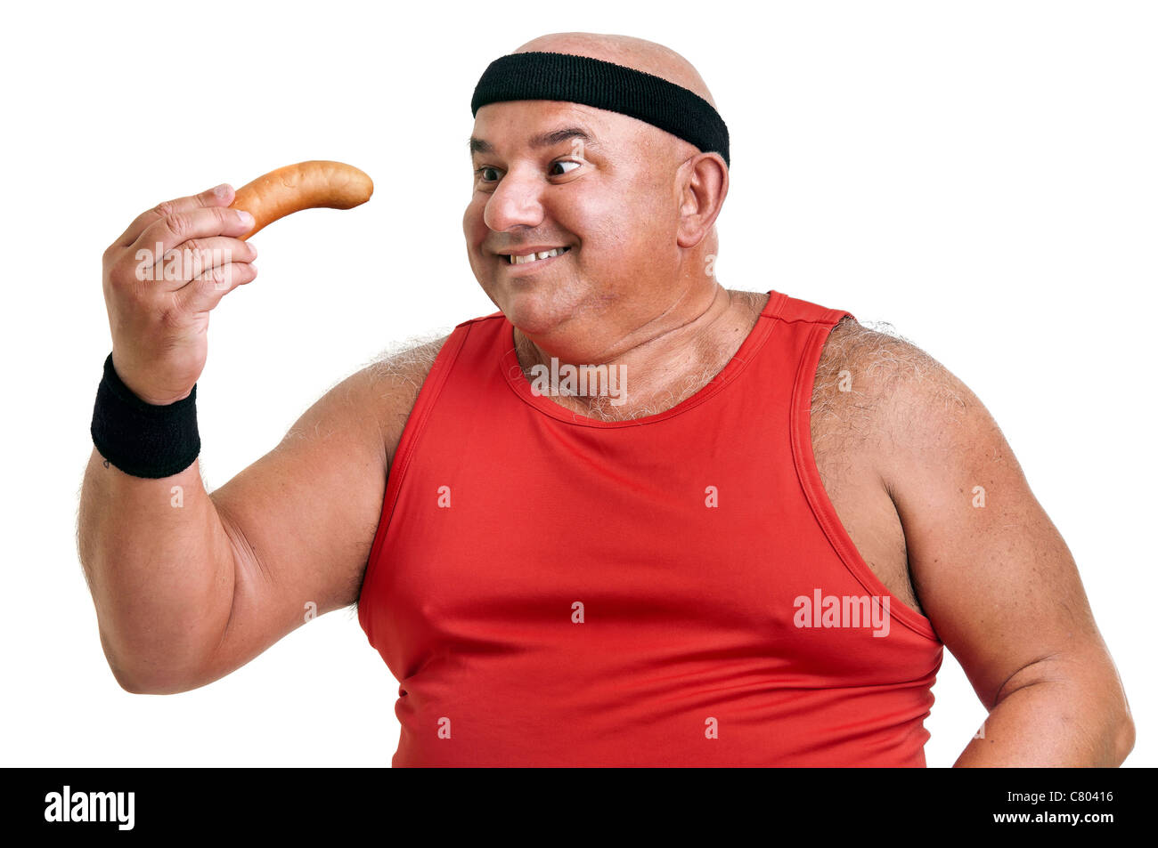 Large "fitness" man with a big sausage isolated in white Stock Photo ...