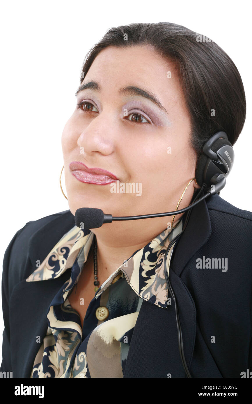 Bored customer service operator on a white background Stock Photo - Alamy