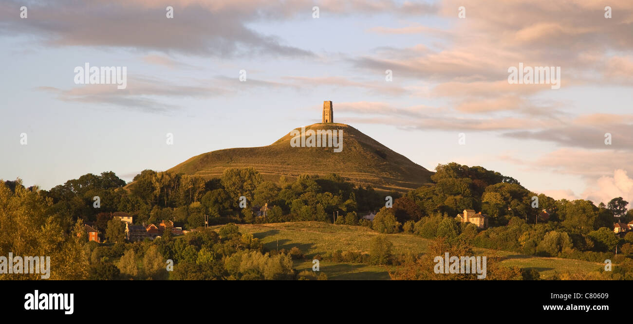 Glastonbury Tor Sunset over the Somerset Levels Panorama Stock Photo ...