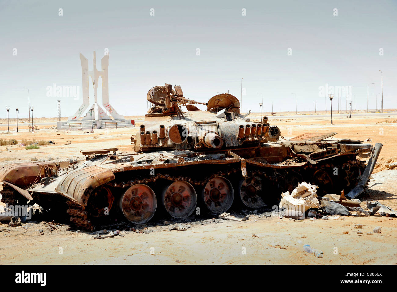 A T-80 tank destroyed by NATO forces in the desert north of Ajadabiya ...