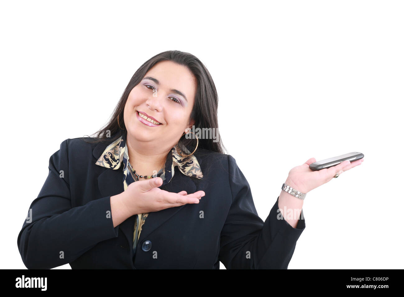 business woman presenting something on hand isolated on white Stock ...