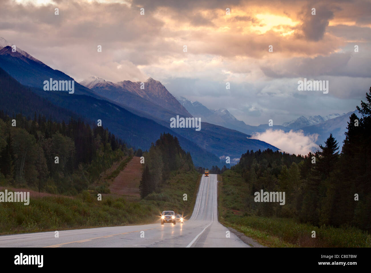 Traffic along Yellowhead highway in early morning-Mount Robson ...