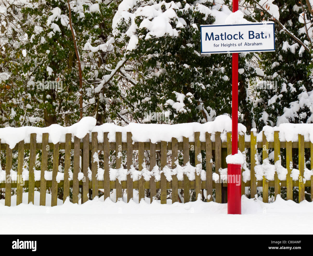 Snow scene at Matlock Bath station in Derbyshire UK during the harsh ...