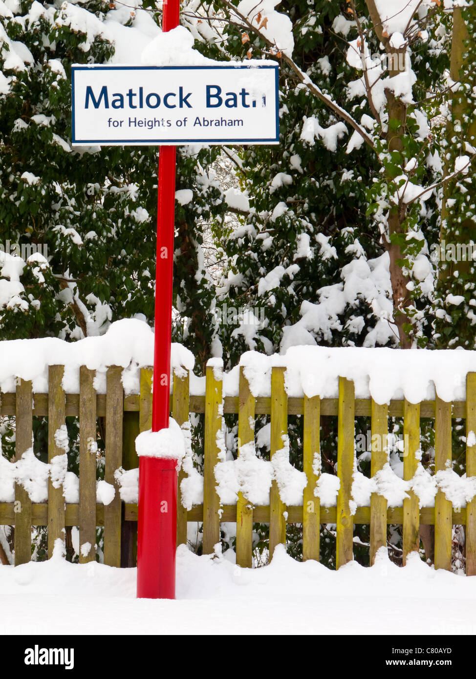 Snow scene at Matlock Bath station in Derbyshire UK during the harsh ...