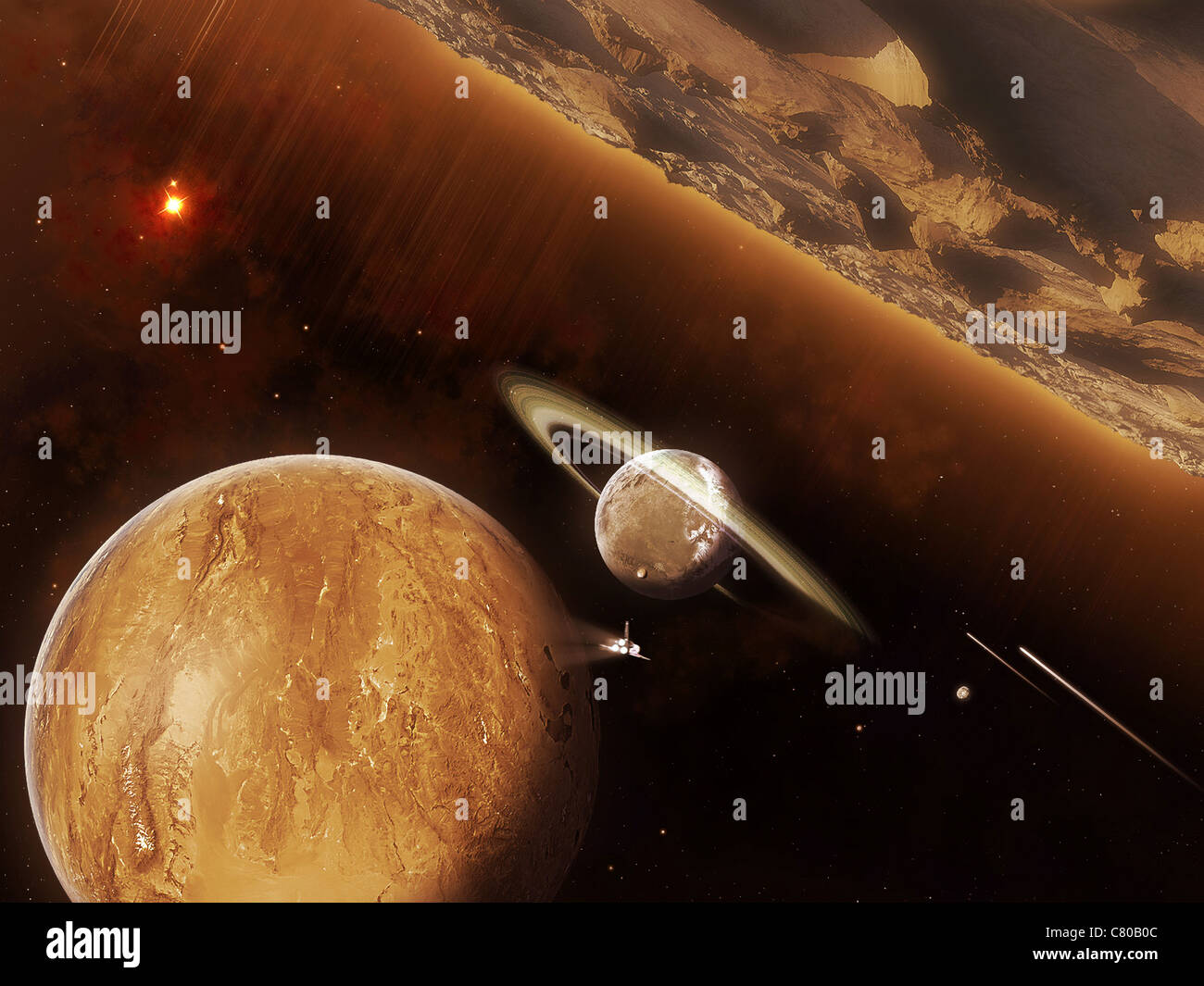 A spacecraft beams through a small cluster of planets rich in ores and ...