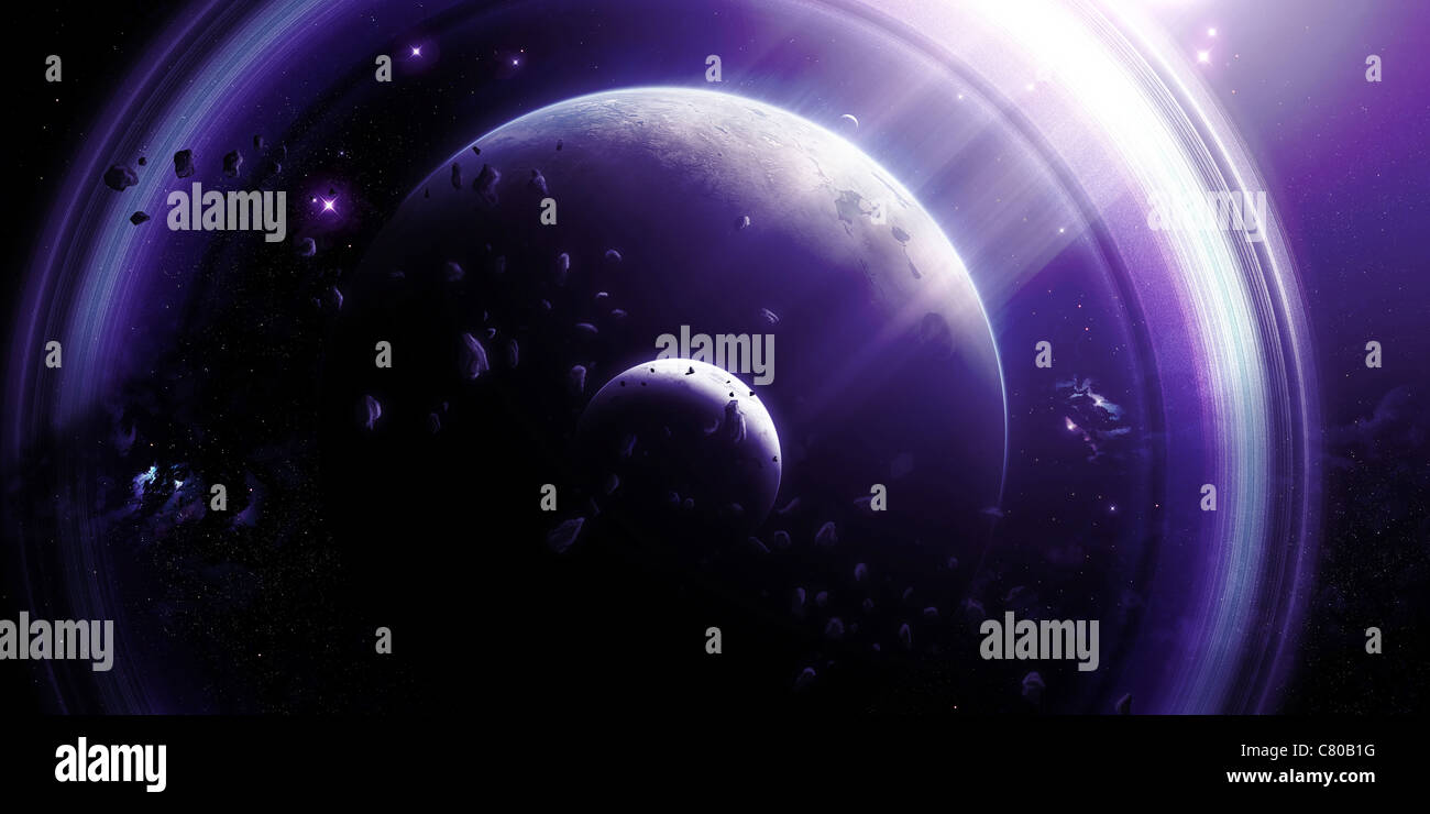 Illustration of a ringed-planet viewed from above. A very dusty and ...