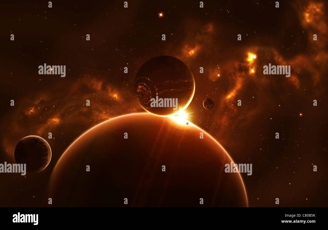 Artist's concept of an extraterrestrial world and its various moons ...