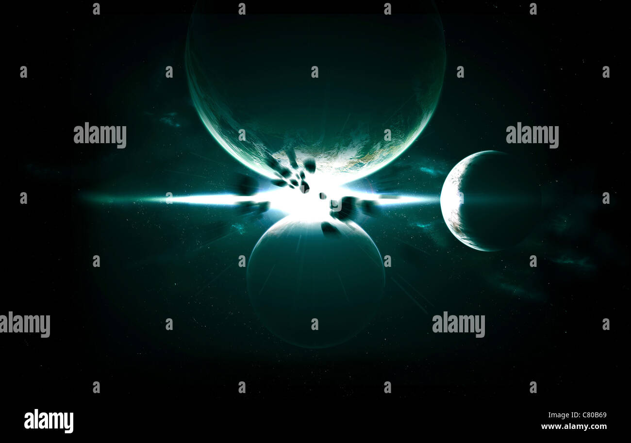 A dramatic composition of a planet and its 3 moons aligned in a perfect ...