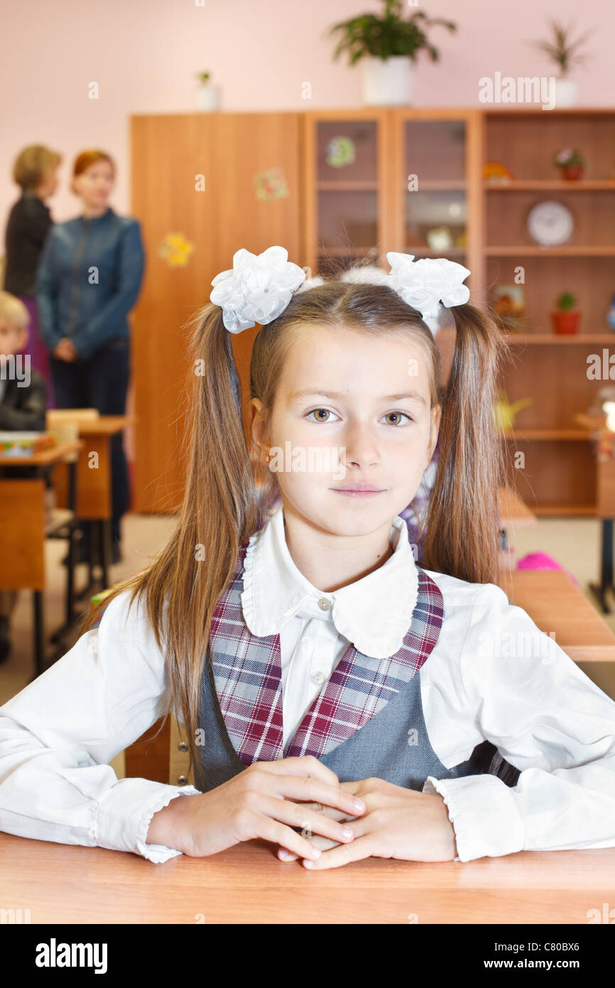 A Russian pupil in a lesson in first grade in elementary school. St ...