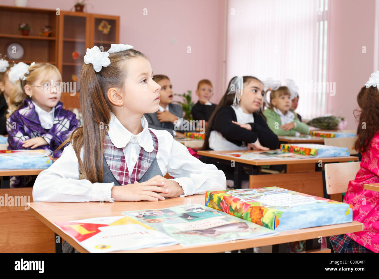 A Russian pupils in a lesson in first grade in elementary school. St ...