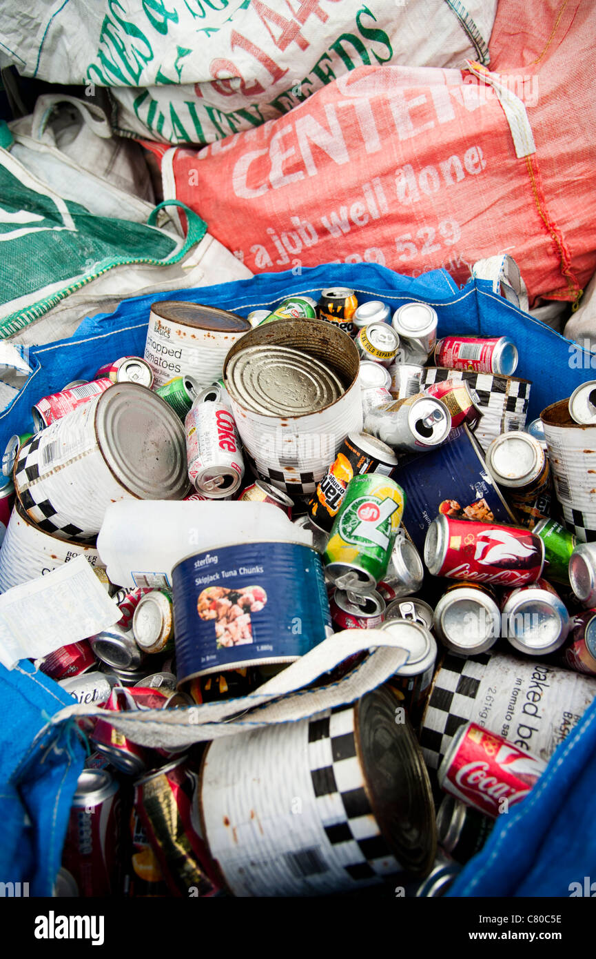 Sacks of waste bottles and cans awaiting compacting at s recycling ...