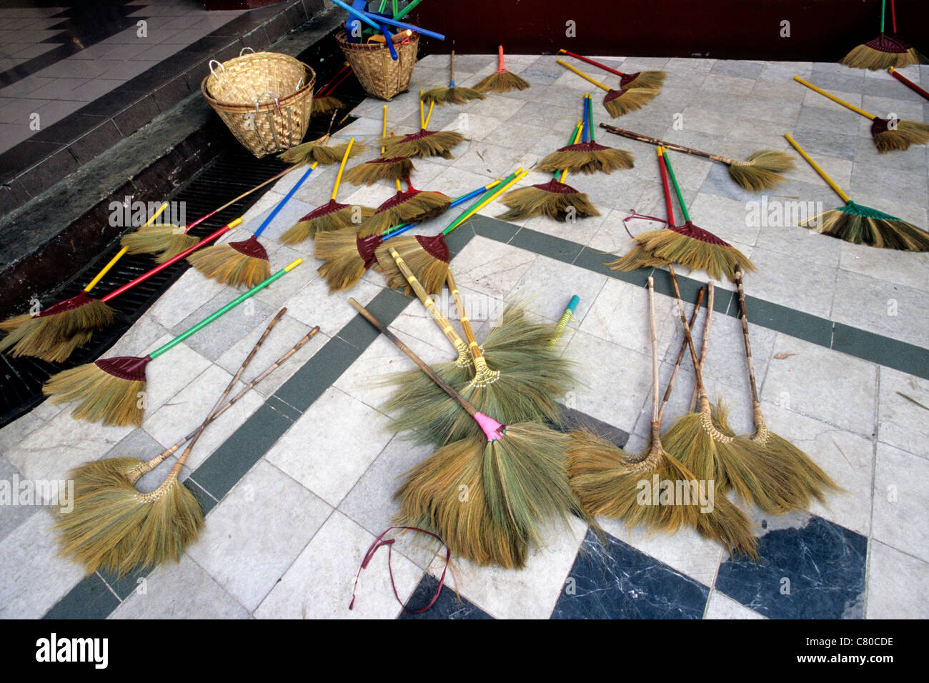 Myanmar (Burma), Yangon, Shwedagon Pagoda, cleaning brooms Stock Photo ...