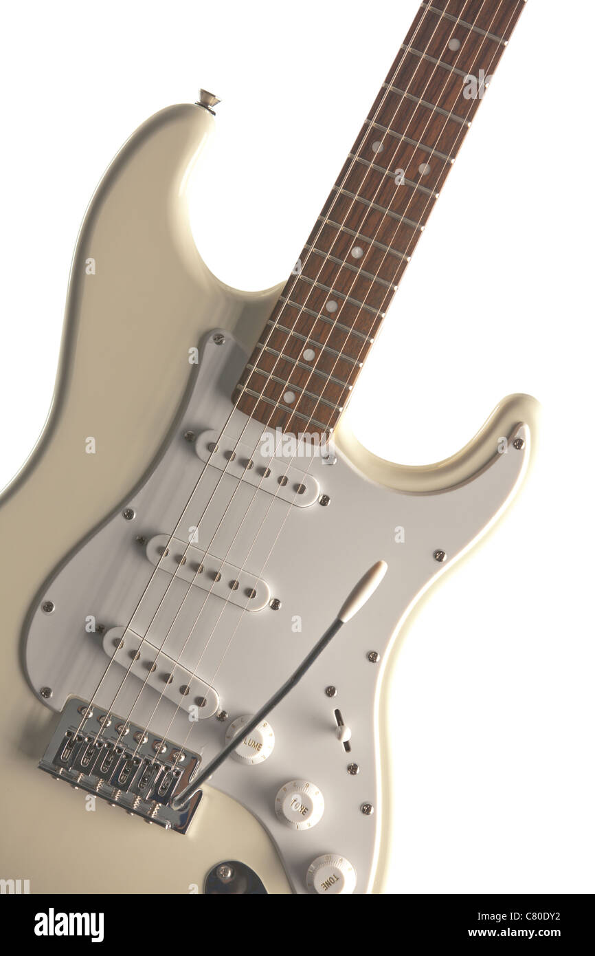 A white electric guitar isolated against a white background with copy ...