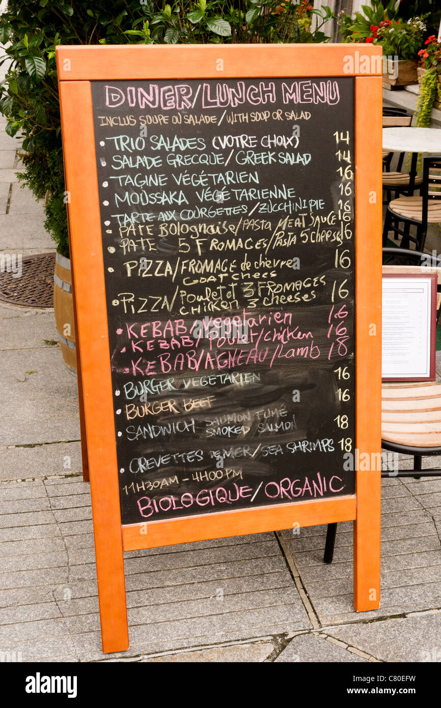 Bilingual chalkboard menu at organic restaurant in Montreal Stock Photo ...