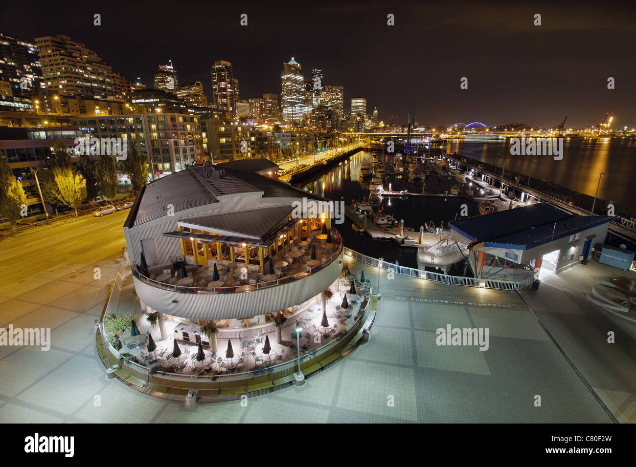 Seattle Downtown Skyline and Marina by the Pier at Night Stock Photo ...