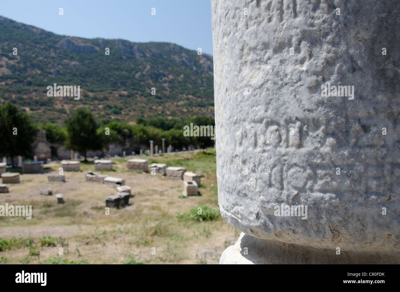 Turkey, Ephesus. Ancient milestones, carved with inscriptions, used by ...
