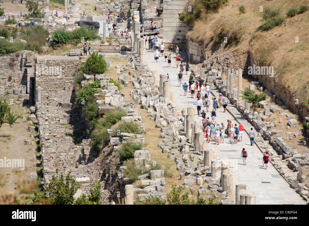 Turkey, Ephesus. Overview of ancient colonnade, The Marble Avenue (aka ...
