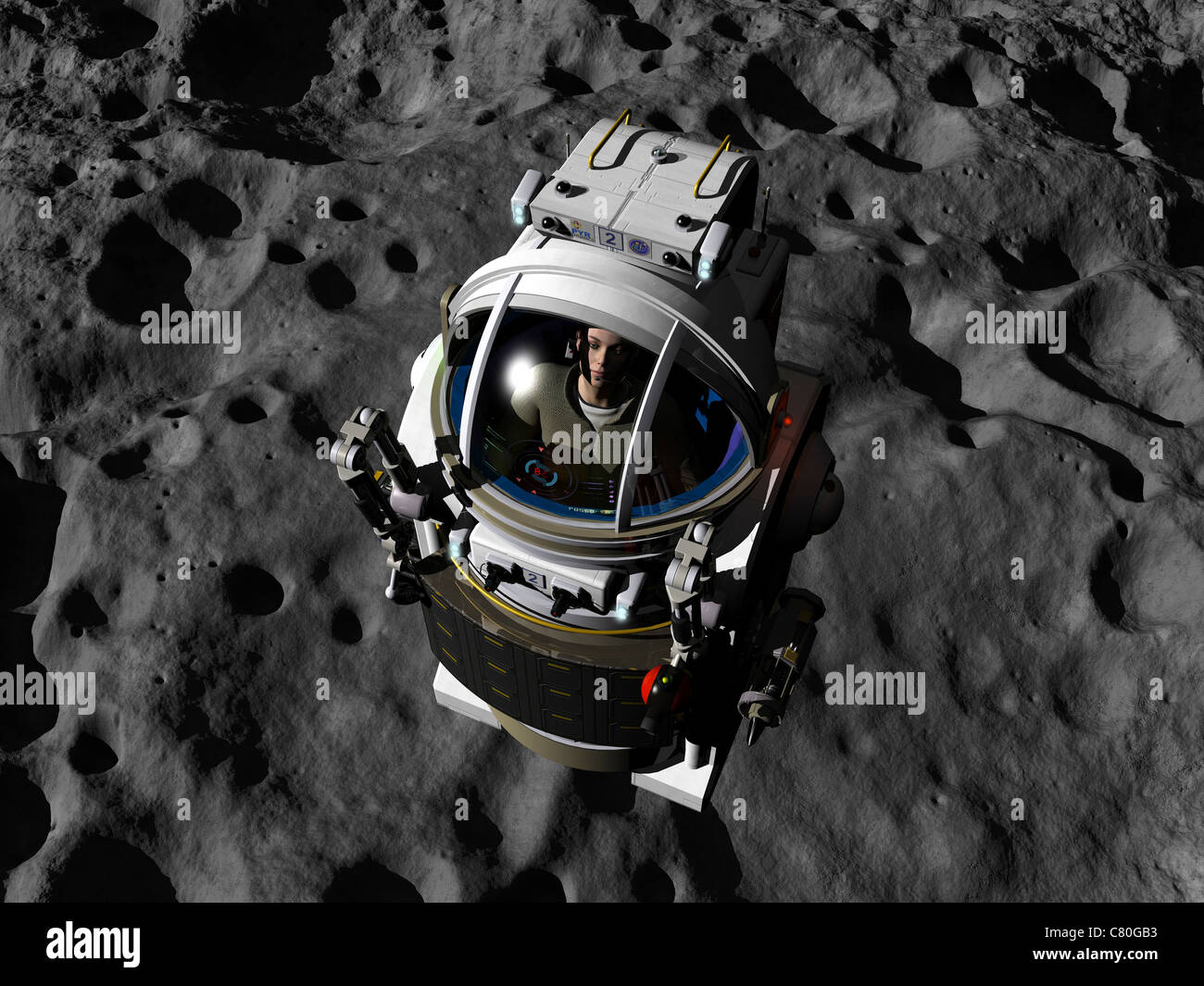 An astronaut piloting a Manned Maneuvering Vehicle above the surface of ...