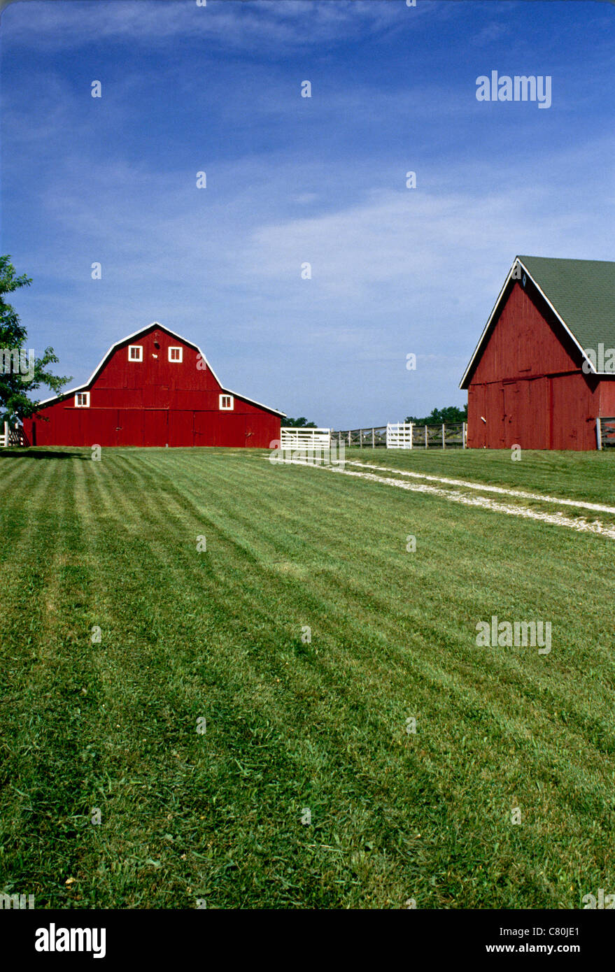 Red barn with red work buildings on gravel drive in Midwest, USA Stock ...