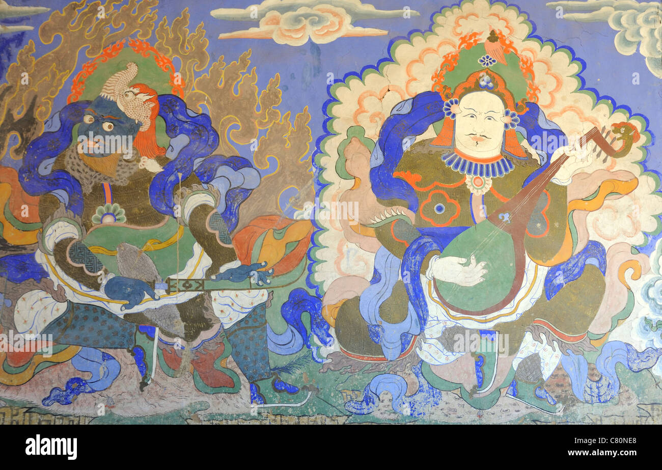 Mural painting of Dhritarastra and Virudhaka Thikse Gompa, Monastery ...