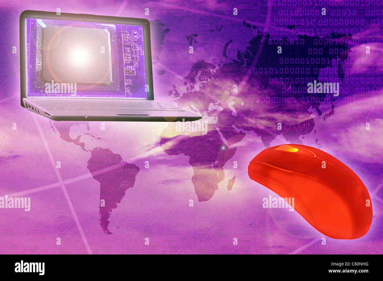 digital world concept: laptop and mouse over world map and circuit ...