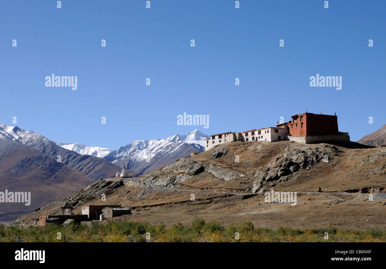Rangdum Gompa, Monastery,with snow covered Zanskar mountains in the ...