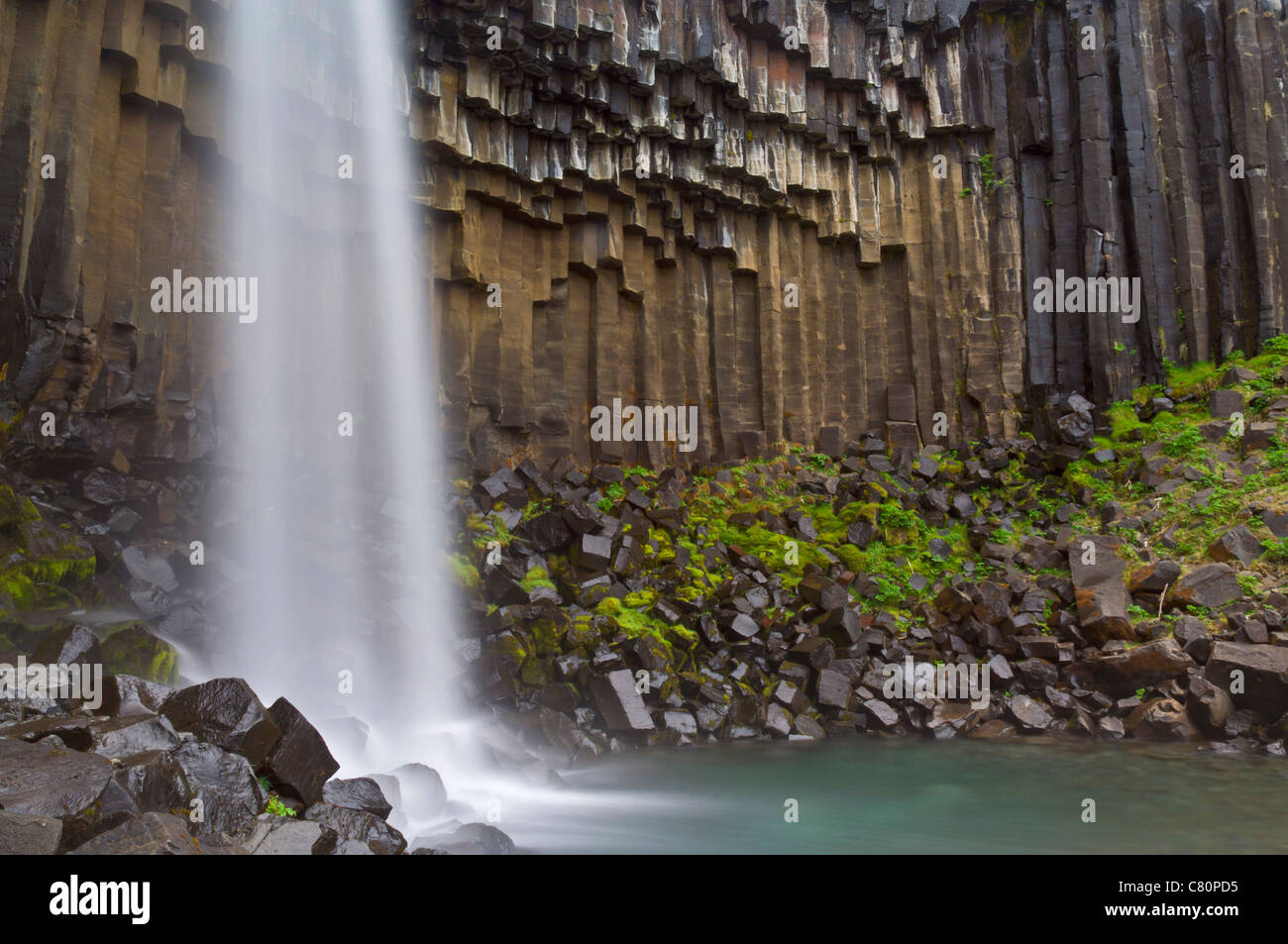 Svartifoss waterfall with tall basalt columns slow speed Skaftafell ...