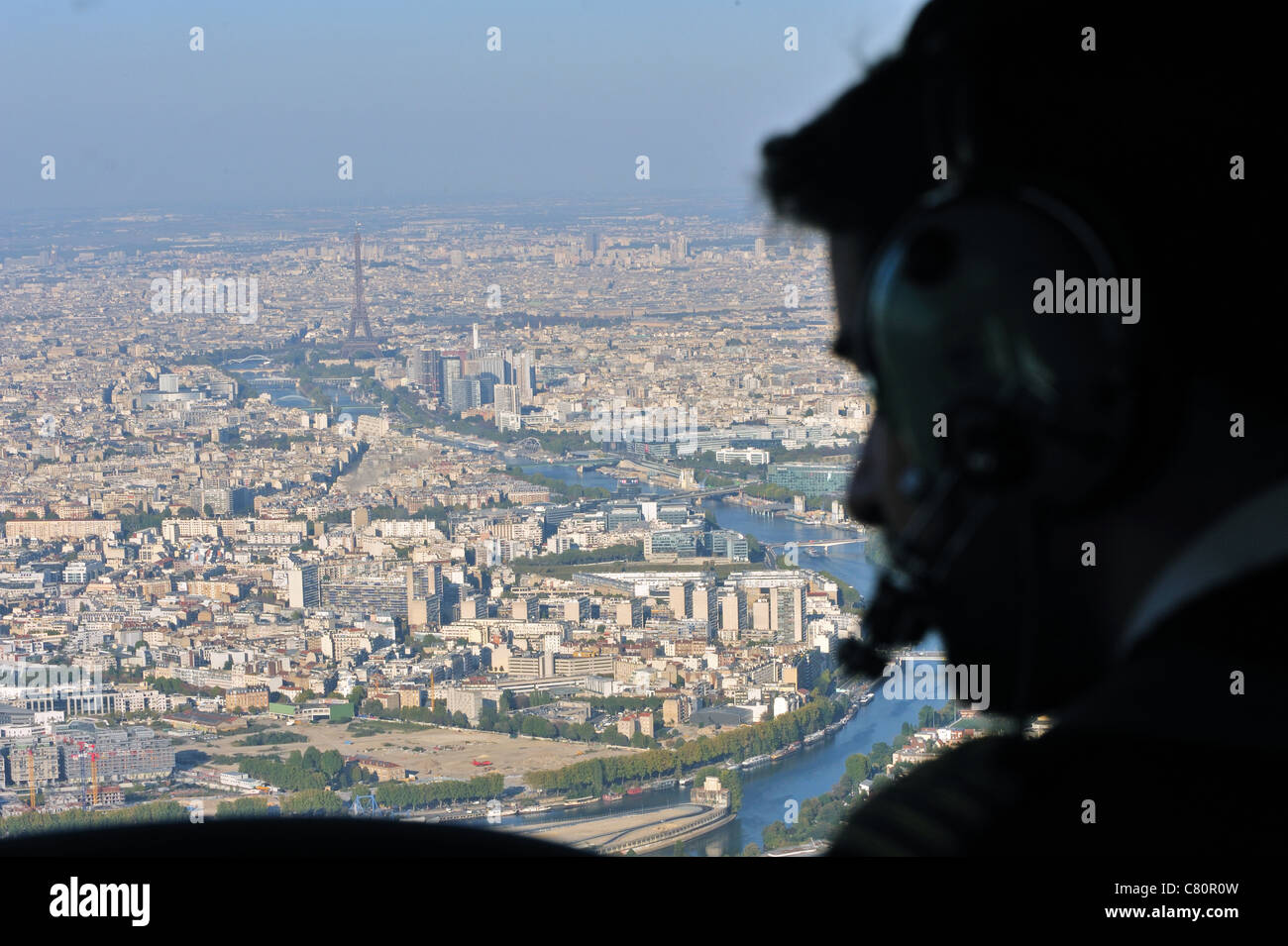 Paris aerial caption, view from a helicopter flight, Eiffel Tower ...