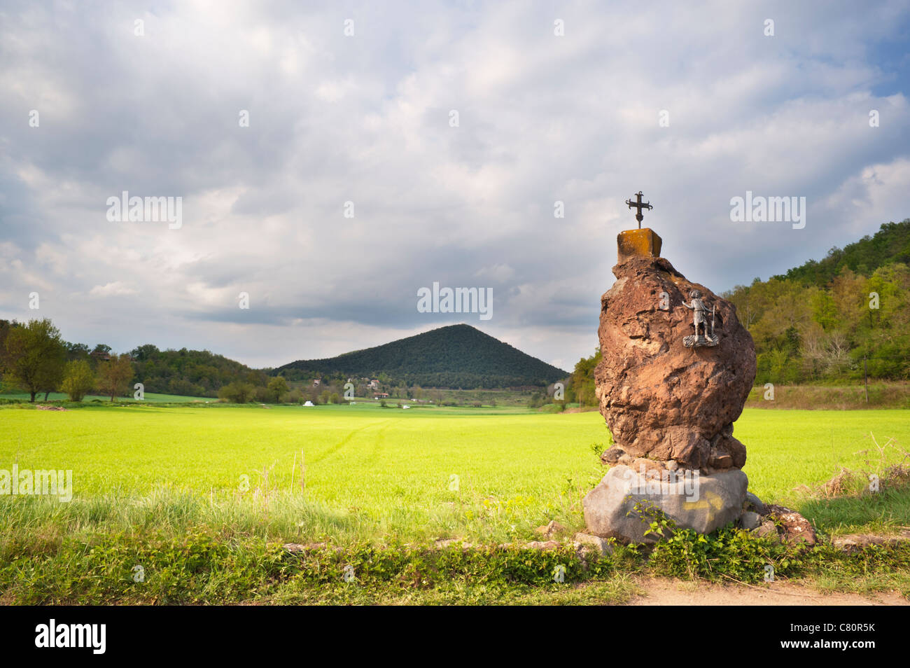Large volcanic bomb, decorated with a cross, in Garrotxa Volcanic Zone ...