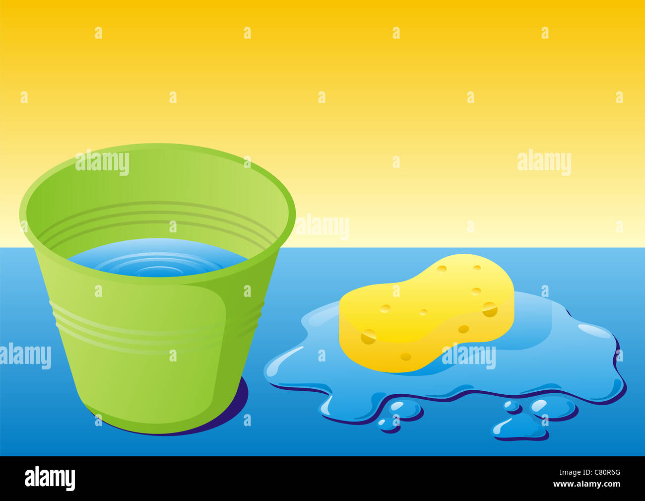 Green bucket with water and sponge with water splash Stock Photo - Alamy