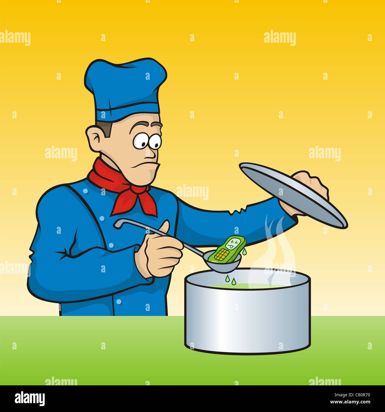 Cartoon of terrified chef looking cooked mobile phone Stock Photo - Alamy