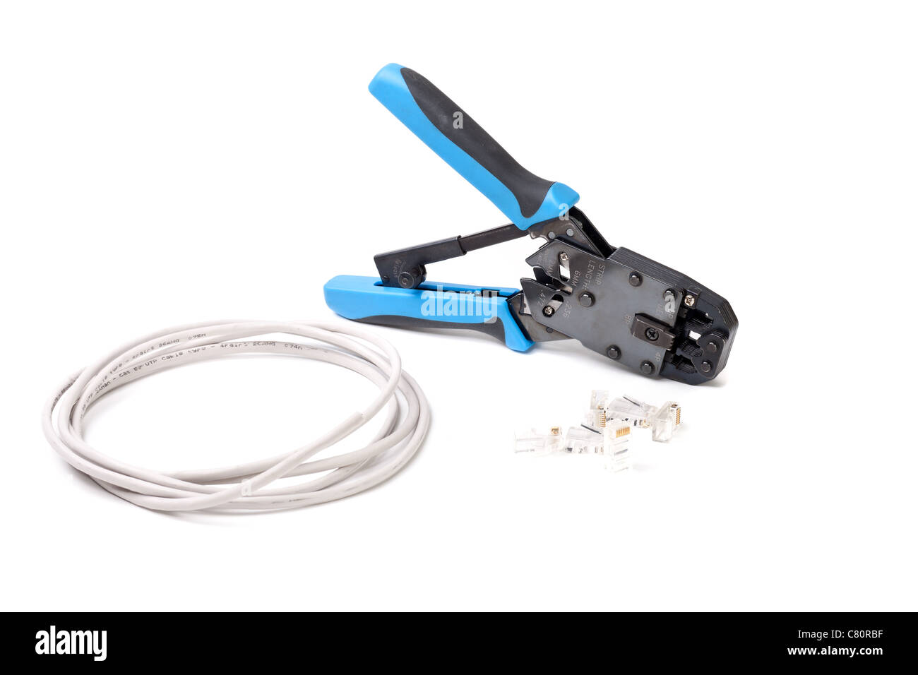 Blue network crimp tool isolated on white background Stock Photo - Alamy