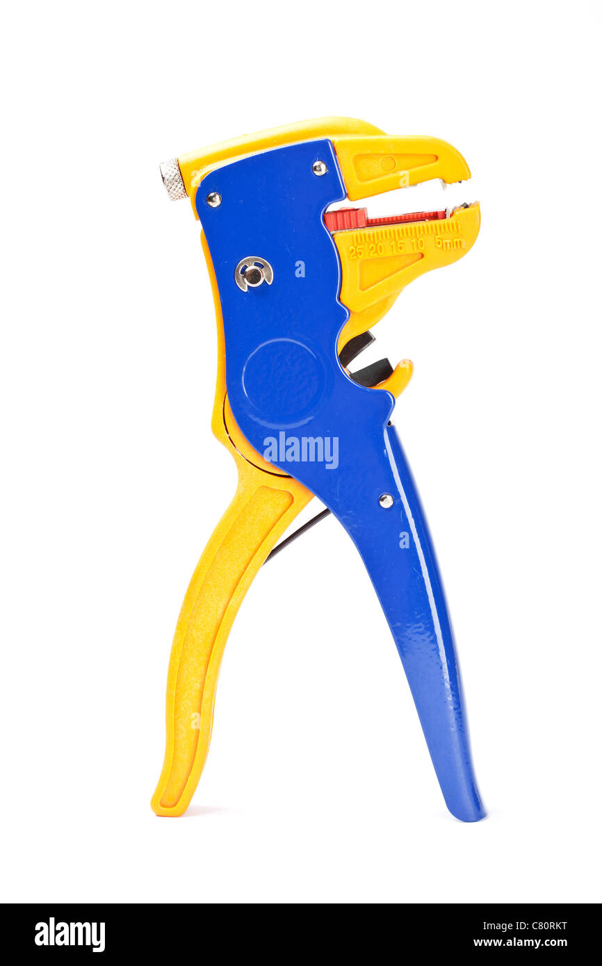 Professional blue with yellow wire stripper isolated on white ...