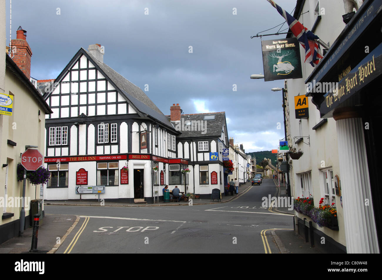 town center of Moretonhampstead with the White Hart Hotel and The Bell ...