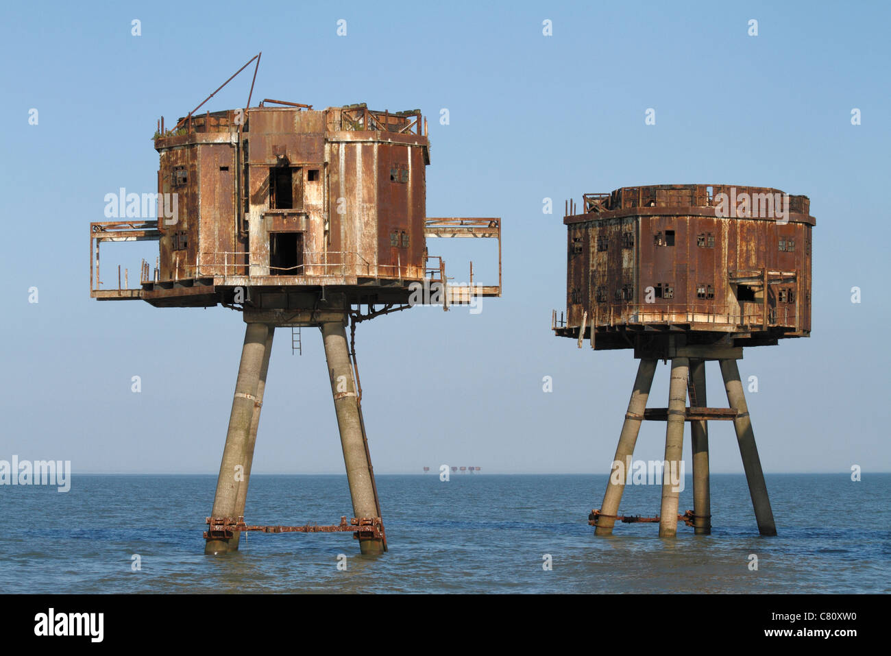 Abandoned wartime fort at the Red Sands in the Thames estuary, with the ...