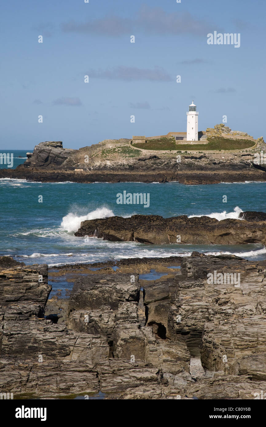 The lighthouse on Godrevy island, St Ives Bay, Cornwall, England Stock ...