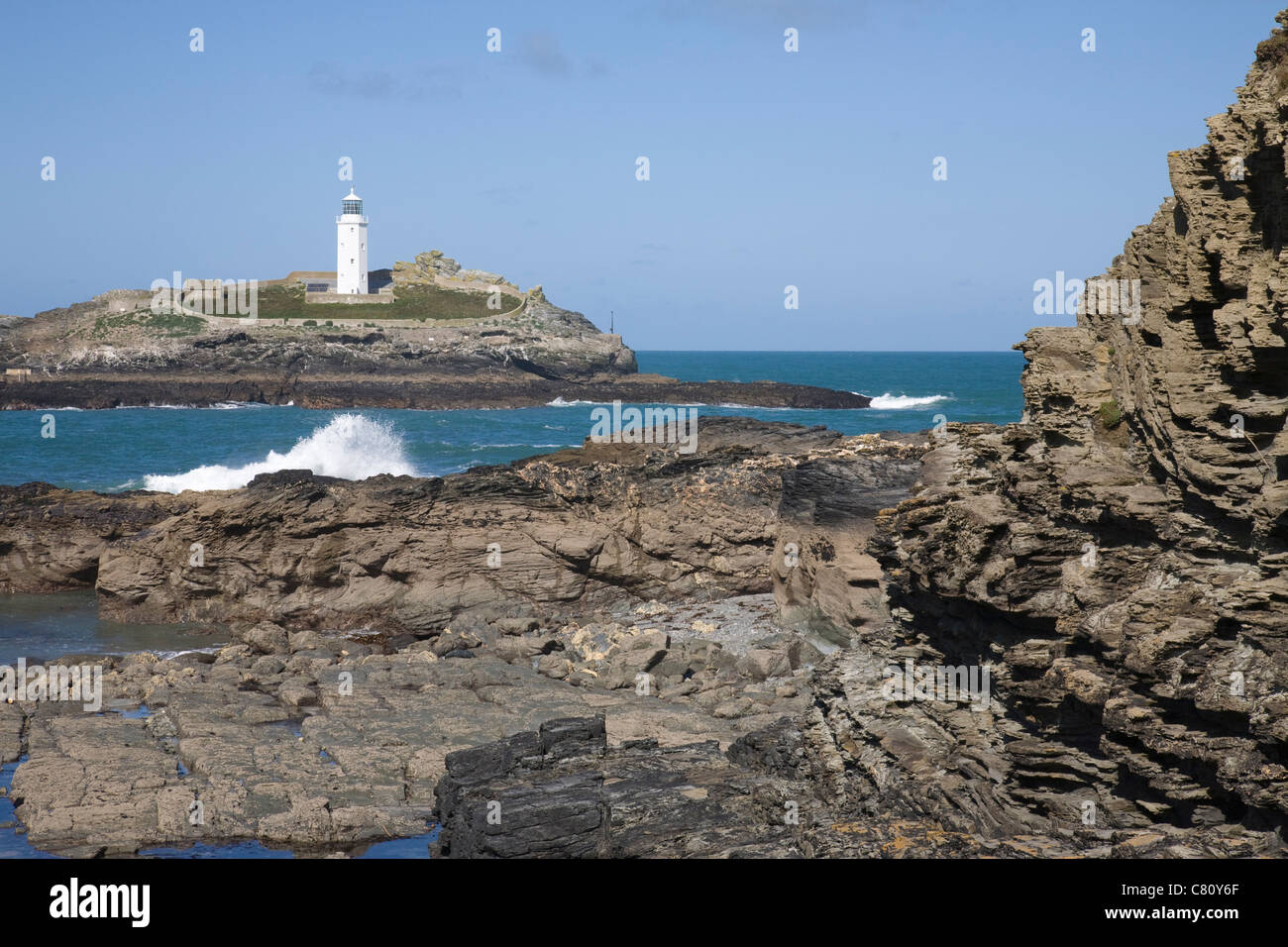 The lighthouse on Godrevy Island, St Ives Bay, Cornwall, England Stock ...