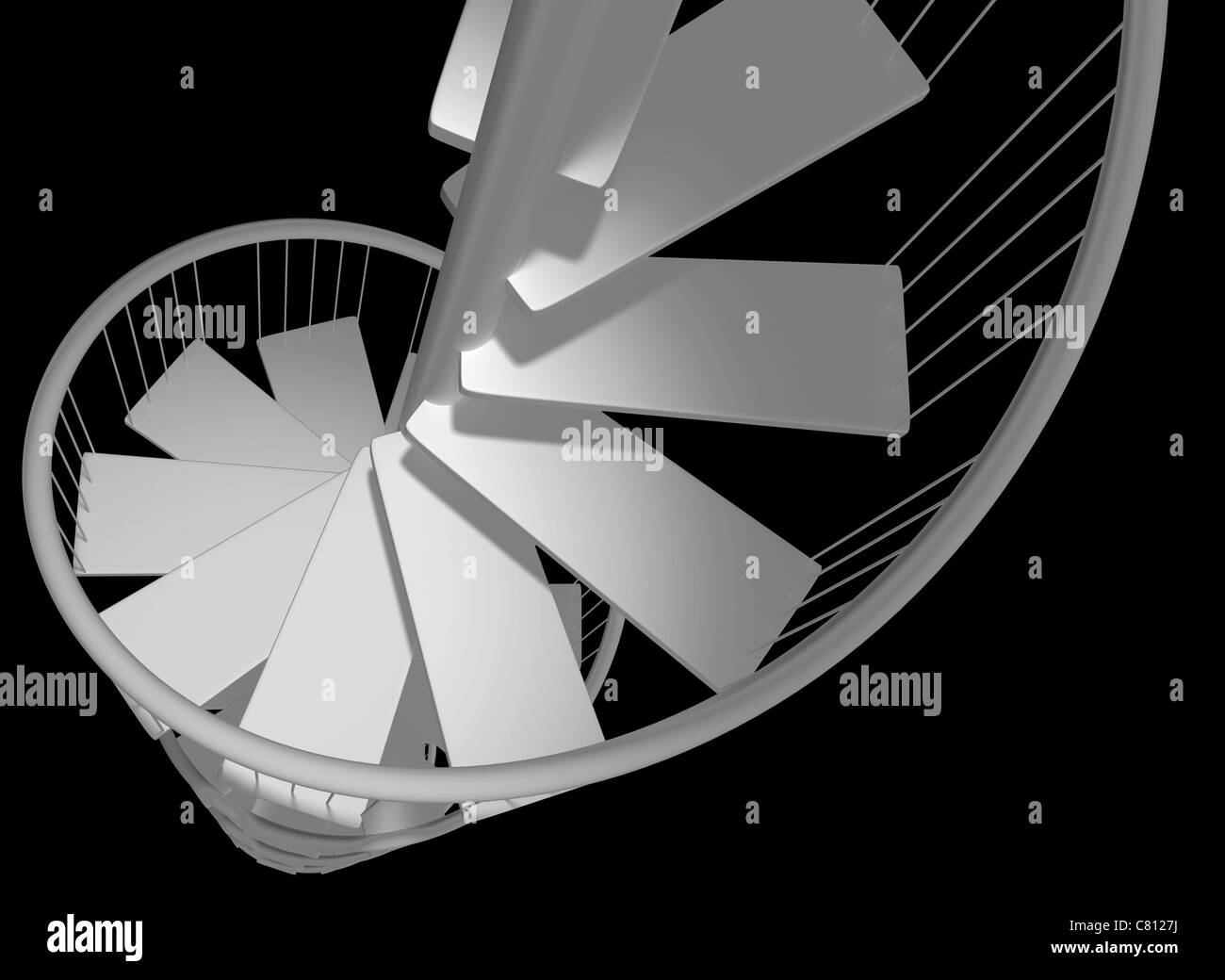 Spiral staircase in a steep descent into a black background with no ...