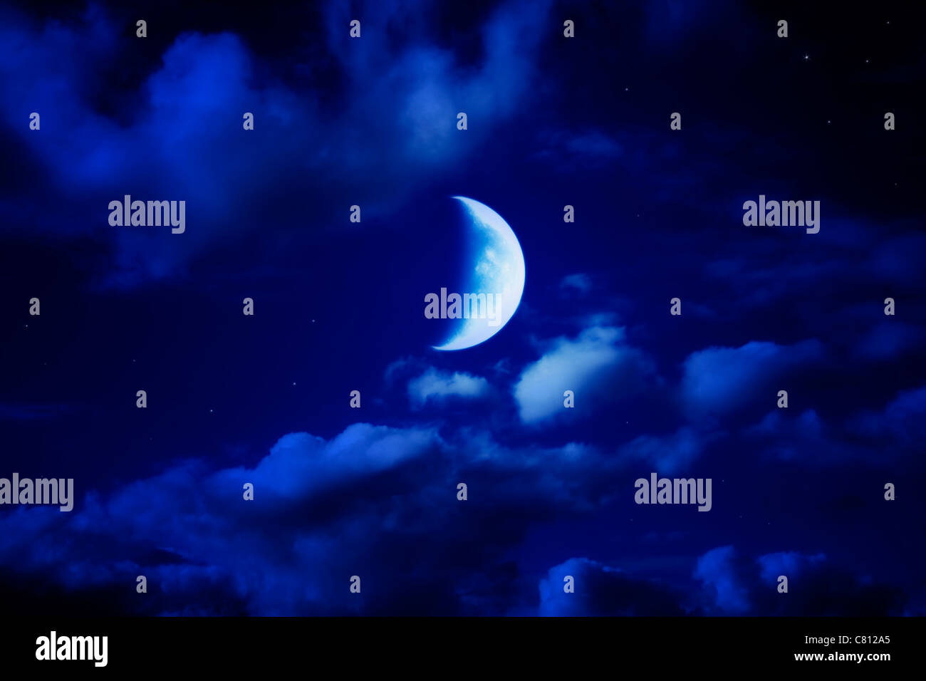 Cloudy Blue Night Sky With Moon