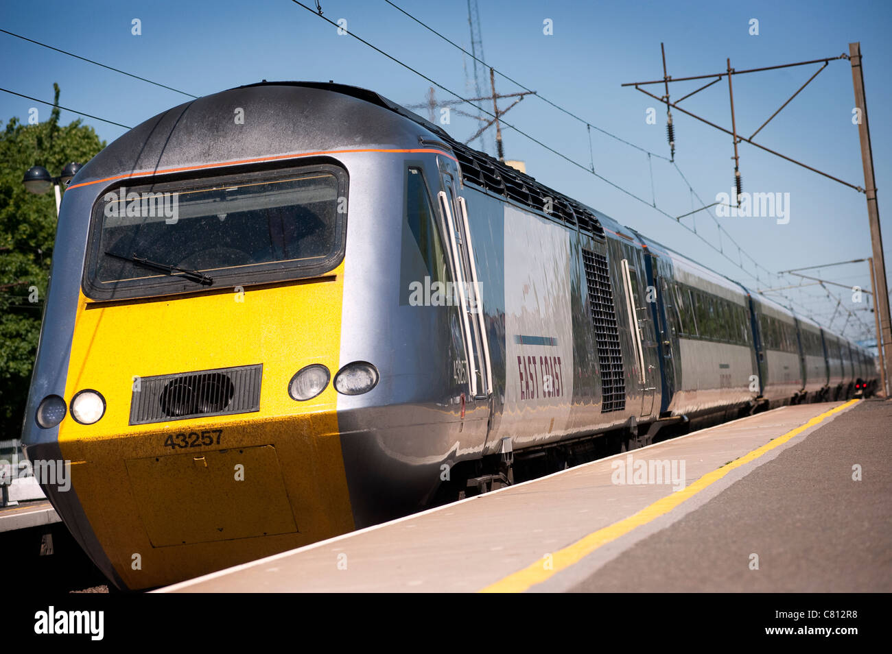 High speed train in East Coast Trains livery arriving at a railway ...