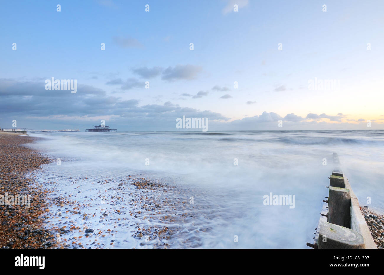 Sea during sunset in a slow motion, Hove beach, East Sussex, England ...