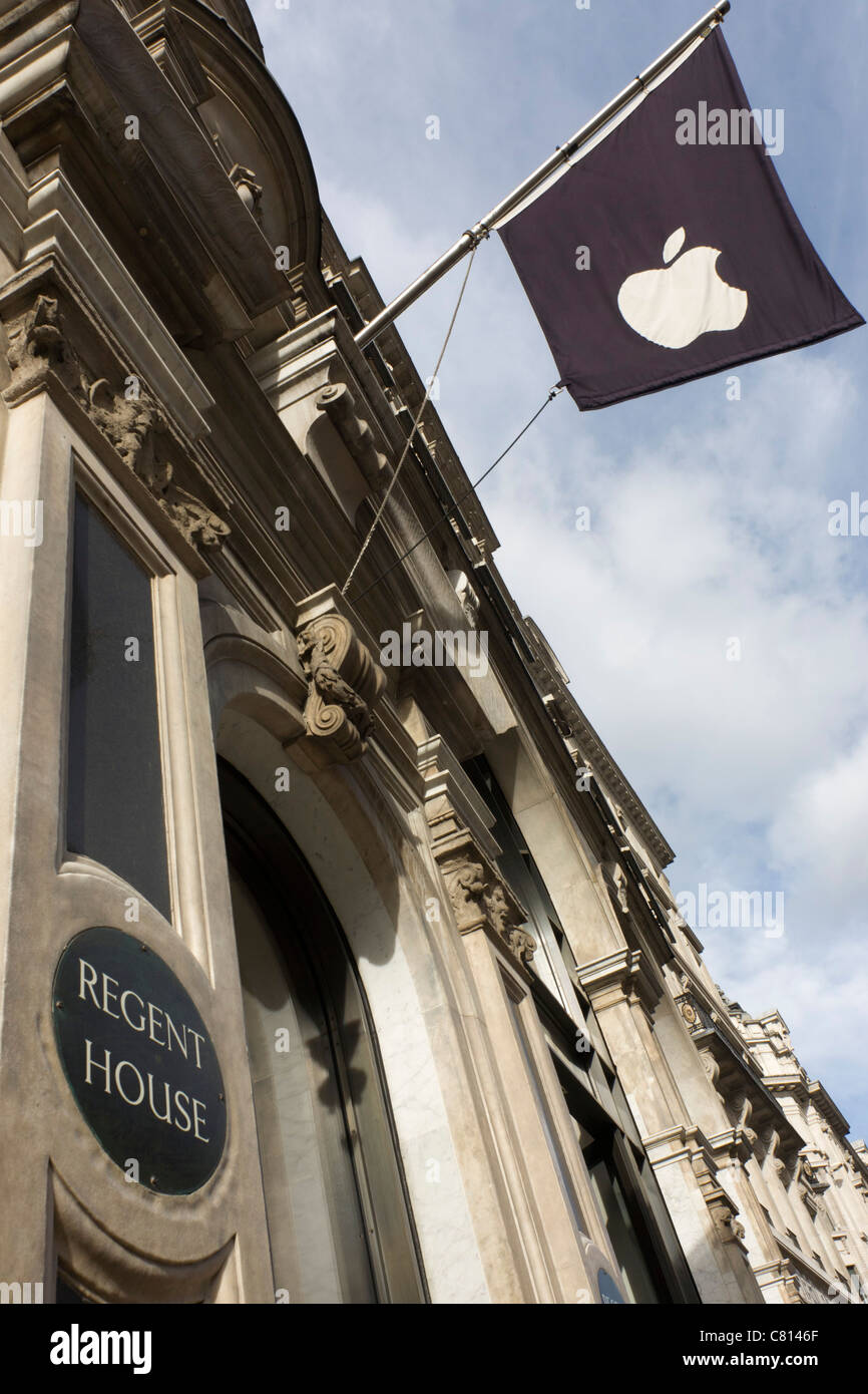 Looking up at the corporate flag of Apple's logo on a banner high above ...